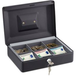 Geldkassette, abschließbar, Eisen, 2 Schlüssel, Kleingeld & Scheine, HxBxT: 9 x 25 x 18 cm, Kassa, schwarz - Relaxdays