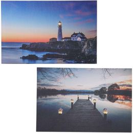 HHG - 2er-Set LED-Bild, Leinwandbild Leuchtbild Wandbild 40x60cm, Timer Lighthouse - multicolour