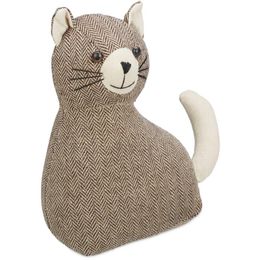 Relaxdays Türstopper Katze, schwerer Türpuffer aus Stoff, Sandfüllung, Türdämpfer Boden, HxBxT: 25,5 x 22 x 10 cm, braun