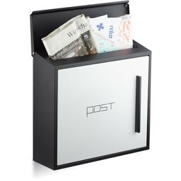 Relaxdays Briefkasten weiß modern Zweifarben Design, DIN-A4 Einwurf, Stahl, groß, HxBxT: 33 x 35 x 12,5 cm, schwarz-weiß