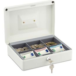 Geldkassette, abschließbar, Eisen, 2 Schlüssel, Kleingeld & Scheine, HxBxT: 9 x 25 x 18 cm, Kassa, weiß - Relaxdays