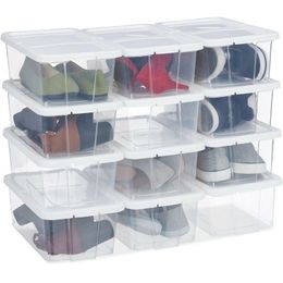 Relaxdays 12 x Schuhbox Kunststoff, stapelbar, durchsichtige Aufbewahrungsboxen mit Deckel, HxBxT: 12,5 x20 x 34,5 cm, weiß