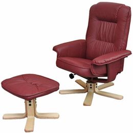 HHG Relaxsessel H56, Fernsehsessel TV-Sessel mit Hocker Ottomane, Kunstleder Eukalyptus Holz bordeaux - red