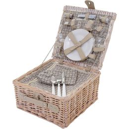 HHG Neuwertig] Picknicktasche für 4 Personen, Picknickkorb-Set + Kühlfach, Porzellan Glas Edelstahl, beige - brown