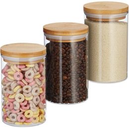 Relaxdays - Vorratsdosen Glas, 3er Set, für Pasta, Reis, Müsli, Kaffeebohnen, Volumen 800 ml, HxD 16x9,5 cm, Bambus, natur