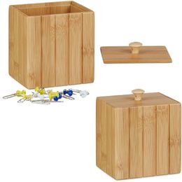 Relaxdays 2 x Aufbewahrungsbox mit Deckel, klein, Ordnungsbox Bambus, Vorratsdose, hbt: 11,5 x 10 x 8 cm, Bambusdose, natur