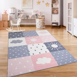 Teppich Kinderzimmer Kinderteppich Kurzflor Rutschfest Herzen Sonne Regenbogen 160x220 cm, Rosa - Paco Home