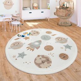 Teppich Kinderzimmer Spielmatte Waschbar Rutschfest Regenbogen Planet Tiere Soft 120 cm Rund, Bunt 3 - Paco Home