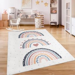 Teppich Kinderzimmer Kinderteppich Kurzflor Rutschfest Herzen Sonne Regenbogen 120x160 cm, Bunt 2 - Paco Home