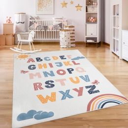 Teppich Kinderzimmer Kinderteppich Kurzflor Rutschfest Herzen Sonne Regenbogen 120x160 cm, Bunt - Paco Home