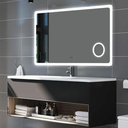 Duschparadies-de - 160x100cm led Badezimmerspiegel Badspiegel mit Beleuchtung Wandspiegel mit Touch, Antibeschlage, 3-Fach Lupe, Uhr, 3Farbe Dimmbar