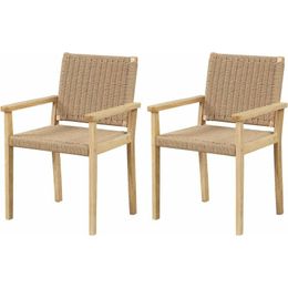 Costway 2er Set Gartenstühle Holz, Esszimmerstühle mit Seilgeflecht & Rückenlehne & Armlehne, Terrassenstuhl Holzstuhl bis zu 180 kg belastbar, Balkonstuhl