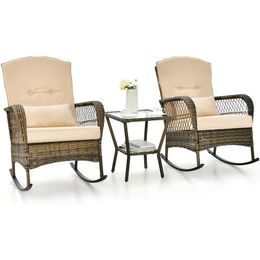 Costway 3-teiliges Gartenmöbel Set, Balkonmöbel mit Kissen, Balkonset mit 2 PE-Rattan-Schaukelstühle und Tisch, Sitzgruppe Terrassenmöbel für Balkon, Garten,