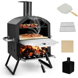 Costway Outdoor Pizzaofen, 2-lagigem Pizza Ofen mit Grillrost, Pizzastein, Pizzaschaufel, wasserdichter Abdeckung, hitzebeständigen Griffen & klappbaren