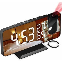Projektor-Wecker mit Radio, Digitaluhr, USB-Radiowecker mit Doppelalarm und 7 LED-Spiegelanzeige, Snooze, 4 Helligkeitsstufen, 12/24 Stunden, 15