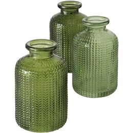 Spetebo Glasvase 3er Set transparent grün - 10 cm - Kleine Deko Blumenvase rund - Relief Tischvase Knospenvase Glas Flasche Tischdekoration