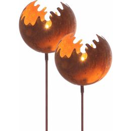 Spetebo - Metall Gartenstecker Naturrost Feuerball - 2er Set / groß - Rost Windlicht mit Erdspieß ca. 98 x ø 15 cm