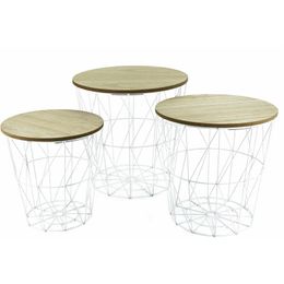 Spetebo - Metall Beistelltisch mit Stauraum weiß/helle Platten - 3er Set - Wohnzimmer Tisch mit Abnehmbarer Holz Platte Metallkorb Couchtisch