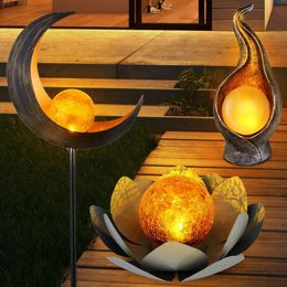 etc-shop 3er Set LED Solar Lampen Mond Steck Leuchte Crackle Glas Außen Flammen Leuchte Garten Lotosblume