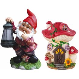 etc-shop Fliegenpilz Deko Garten Solar Deko für Garten Figur Gartenzwerg mit Laterne Solar, 1x Pilzhaus und 1x Gartenzwerg, 1x led Akku, 2er Set