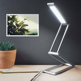 Rhafayre - LED-Schreibtischlampe – Drahtlose faltbare Leuchte aus Aluminium mit Micro-USB und abnehmbarem Haken – Wohnzimmer-Nachttischlampe – Silber
