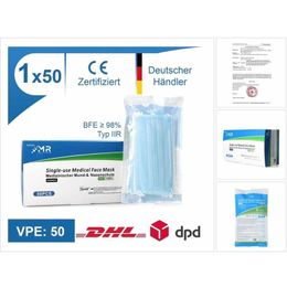 50x Medizinischer Mund Atem Nasen Schutz Filtration bfe 98 % en 14683:2019+AC:2019 Typ iir op Maske 3 lagig - Mr Solutions