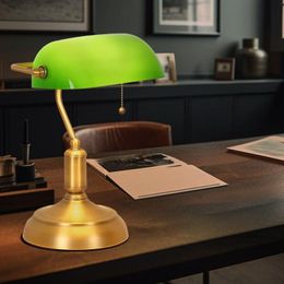 Globo Schreibtischleuchte Bankerlampe Tischlampe altmessing Glas grün Leseleuchte, Schirm schwenkbar, Zugschalter, 1x E27 Fassung, LxH 26,5x36 cm