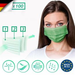 Virshields® Mund und Nasenschutz - 100 Stück, 3-lagig, Allgemeine Verwendung, Grün, Made in EU - Masken Mundschutz, Einweg Gesichtsmaske,