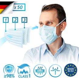 Medizinischer Mundschutz - Typ iir, bfe ≥ 98%, din en 14683, Made in eu, 50 Stück, 3-lagig, mit Bindeband, Blau - op Masken, Mund und Nasenschutz,