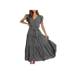 ZWY Druckkleid Rüschenkleid im Bohemian-Stil mit V-Ausschnitt