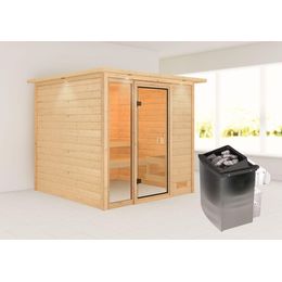 KARIBU HOLZTECHNIK GMBH Karibu Sauna "Aachen" mit Kranz SET naturbelassen mit Ofen 9 kW integr. Strg.