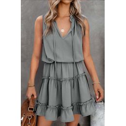 FIDDY A-Linien-Kleid Damen Split V Ausschnitt Rüschen Ärmellos Jeansrock Sommer Minikleid