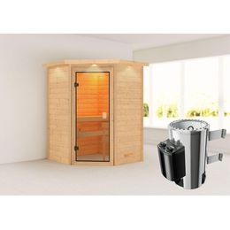 KARIBU HOLZTECHNIK GMBH Karibu Sauna "Rysum" mit Kranz SET naturbelassen mit Ofen 3,6 kW integr Strg.