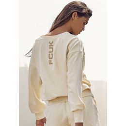 FCUK Sweatshirt beige Gr. 32/34 für Damen. Tiefer V-Ausschnitt und Logodrucke, Print. Lässig Geschnitten