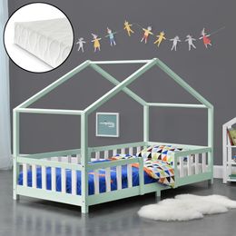 en.casa® en.casa Kinderbett Treviolo 90x200 cm mit Kaltschaummatratze und Gitter Mint/Weiß