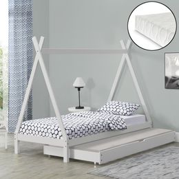 en.casa® en.casa Kinderbett mit Ausziehbett Cree 90x200 cm Tipi mit Kaltschaummatratze Holz Weiß