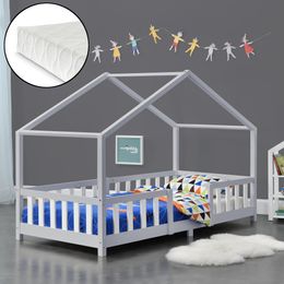 en.casa® en.casa Kinderbett Treviolo 90x200 cm mit Kaltschaummatratze und Gitter Hellgrau/Weiß