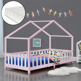 en.casa® en.casa Kinderbett Treviolo 90x200 cm mit Kaltschaummatratze und Gitter Rosa/Weiß