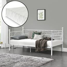 en.casa® en.casa Metallbett Granada 90x200 cm mit Kaltschaummatratze Weiß