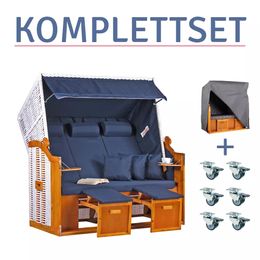 Strandkorb.co Strandkorb Baltic Dreisitzer PE weiß Dessin Uni Blau-KOMPLETTSET