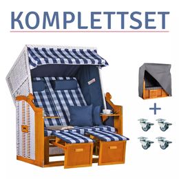 Strandkorb.co Strandkorb Baltic PE weiß Dessin Karo Blau-KOMPLETTSET