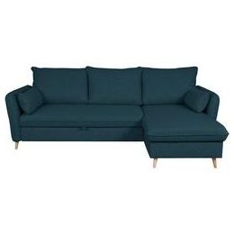 Miliboo Schlaf-Ecksofa mit Stauraum 3/4-Sitzer ozeanblauer Stoff und helles Holz DRISS