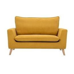 Miliboo Skandinavisches Sofa aus senfgelbem Stoff mit Samteffekt und hellem Holz 2-Sitzer JONAS