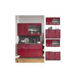 VICCO K&uuml;chenzeile Single Einbauk&uuml;che 140 cm K&uuml;chen Bordeaux Hochglanz Fame-Line