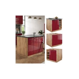 VICCO K&uuml;cheninsel K&uuml;chenblock Einbauk&uuml;che Fame-Line Eiche Bordeaux Rot 90 cm modern Hochglanz K&uuml;chen Schr&auml;nke Regalunterschrank K&uuml;chenunterschrank Regalinselunterschrank Softclose-Scharnier K&uuml;chenm&ouml;bel