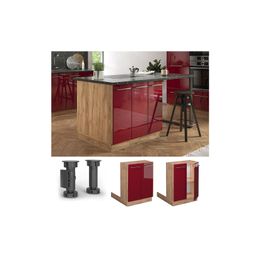 VICCO Regalinselunterschrank K&uuml;chenschrank K&uuml;chenm&ouml;bel Fame-Line Eiche Bordeaux Rot 60 cm modern Hochglanz K&uuml;che Einbauk&uuml;che K&uuml;cheninsel Dreht&uuml;r Einlegeboden Blende K&uuml;chenunterschrank K&uuml;chenzeile