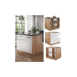 VICCO K&uuml;cheninsel K&uuml;chenblock Einbauk&uuml;che Fame-Line Eiche Wei&szlig; 90 cm modern Hochglanz K&uuml;chen Schr&auml;nke Apothekerunterschrank Schubunterschrank Regalinselunterschrank Softclose-Scharnier K&uuml;chenm&ouml;bel