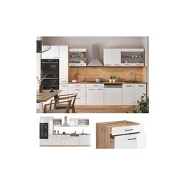 VICCO K&uuml;chenzeile K&uuml;chenblock Einbauk&uuml;che R-Line 350 cm Eiche Wei&szlig; Hochglanz K&uuml;che