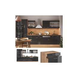 VICCO K&uuml;chenzeile K&uuml;chenblock Einbauk&uuml;che R-Line 350 cm Eiche Anthrazit Hochglanz K&uuml;che