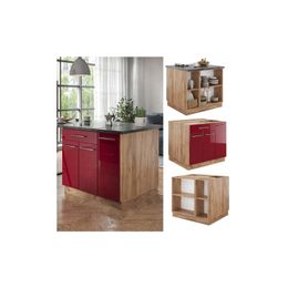 VICCO K&uuml;cheninsel K&uuml;chenblock Einbauk&uuml;che Fame-Line Eiche Bordeaux Rot 90 cm modern Hochglanz K&uuml;chen Schr&auml;nke Apothekerunterschrank Schubunterschrank Regalinselunterschrank Softclose-Scharnier K&uuml;chenm&ouml;bel